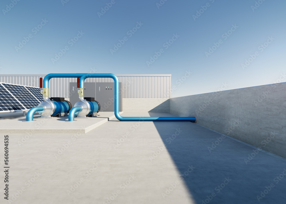3d rendering of water pump station on rooftop factory. Include ...