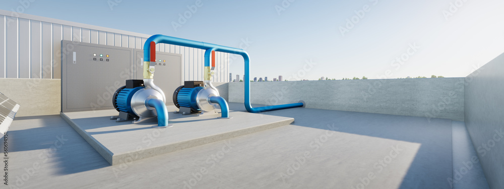 3d rendering of water pump station on rooftop of water tank. Include ...