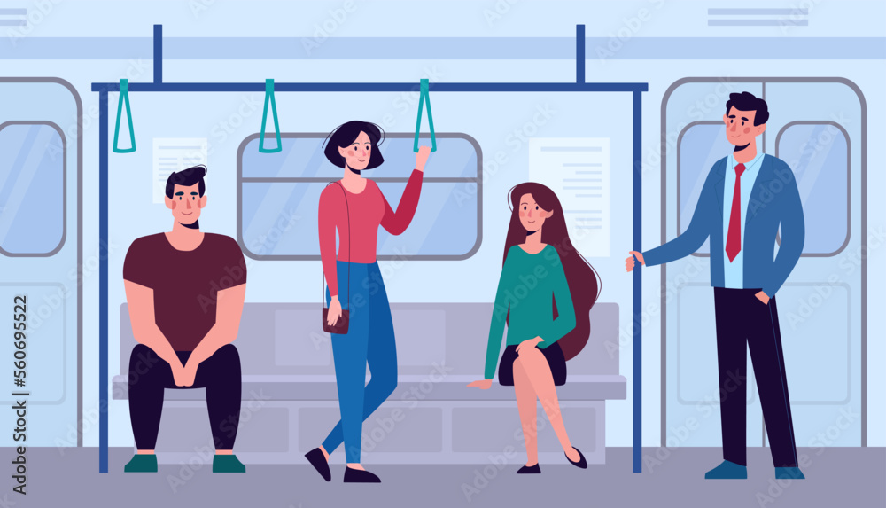 People ride in public transport. Subway, bus, men and women sit and ...