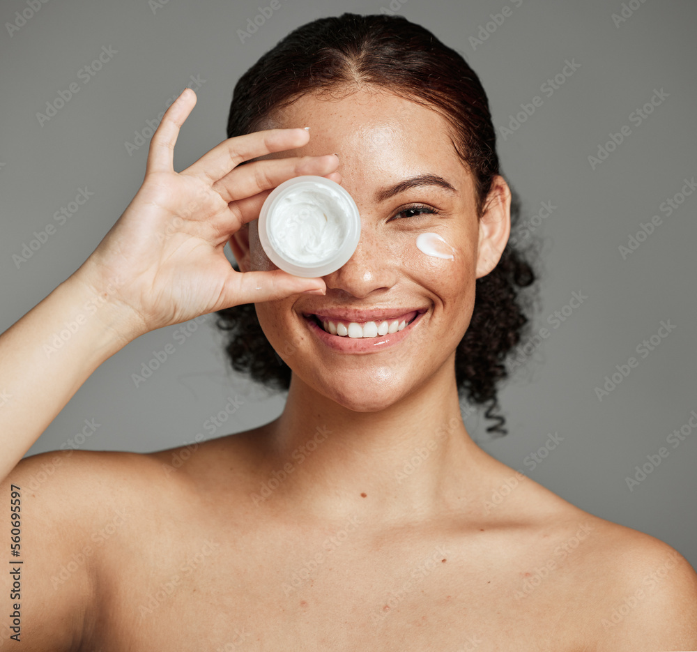 Black woman, smile portrait and cream for beauty wellness shine, eyes ...