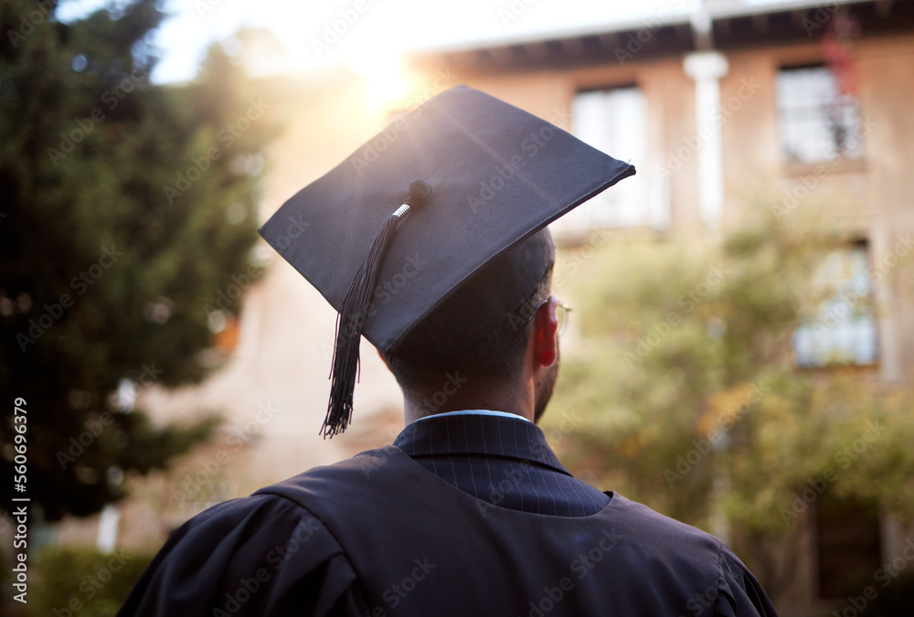 Black man, graduation and ideas at university building, school and ...