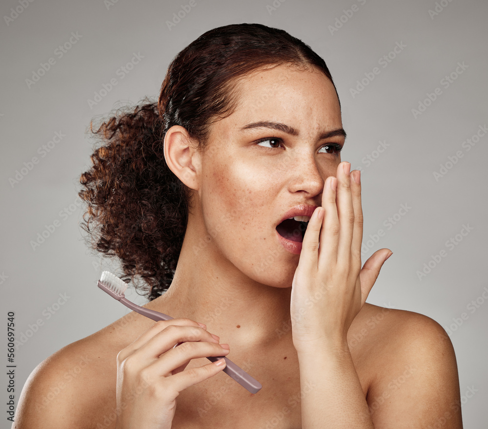 Toothbrush, woman and bad breath with dental problem while smelling ...