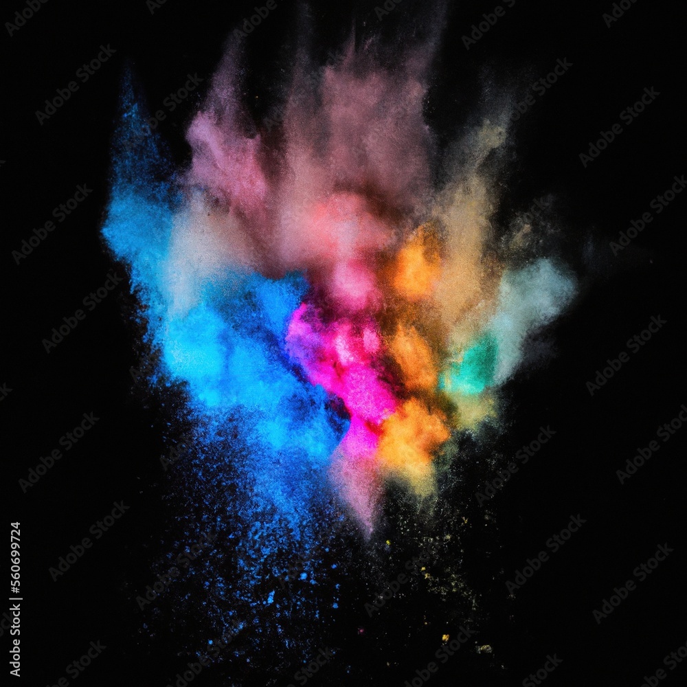 Explosion of colorful powder isolated on dark black background. Holi ...