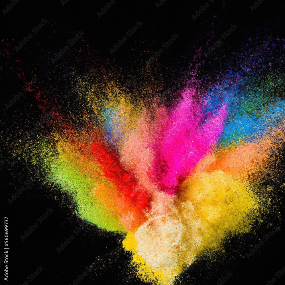 Explosion of colorful powder isolated on dark black background. Holi ...