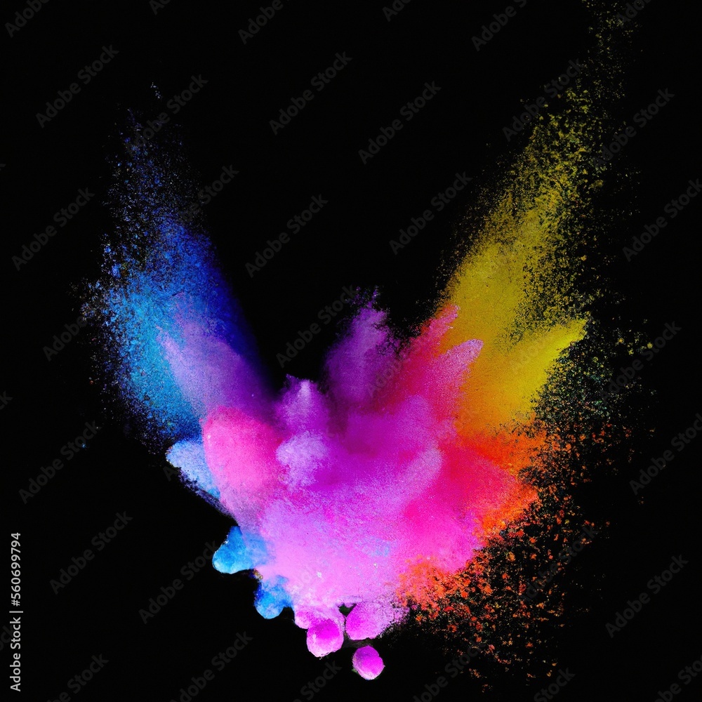 Explosion of colorful powder isolated on dark black background. Holi ...