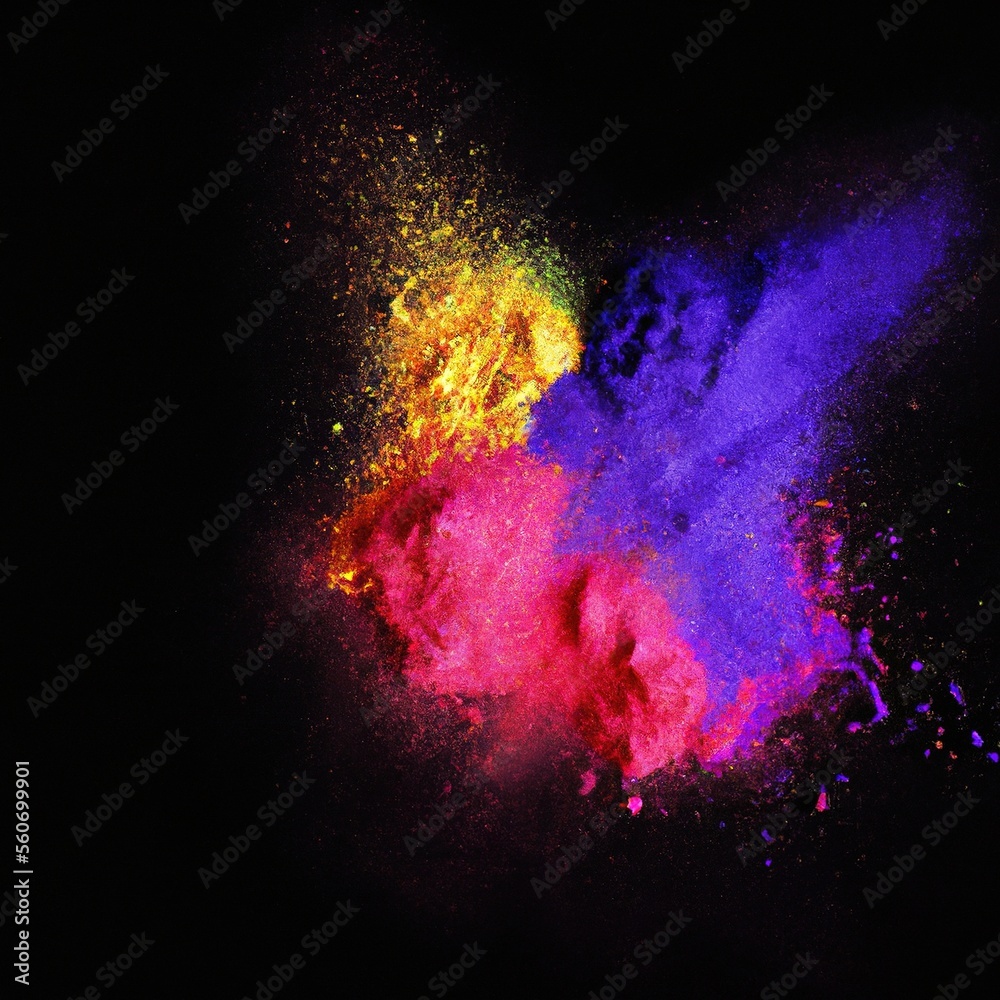 Explosion of colorful powder isolated on dark black background. Holi ...