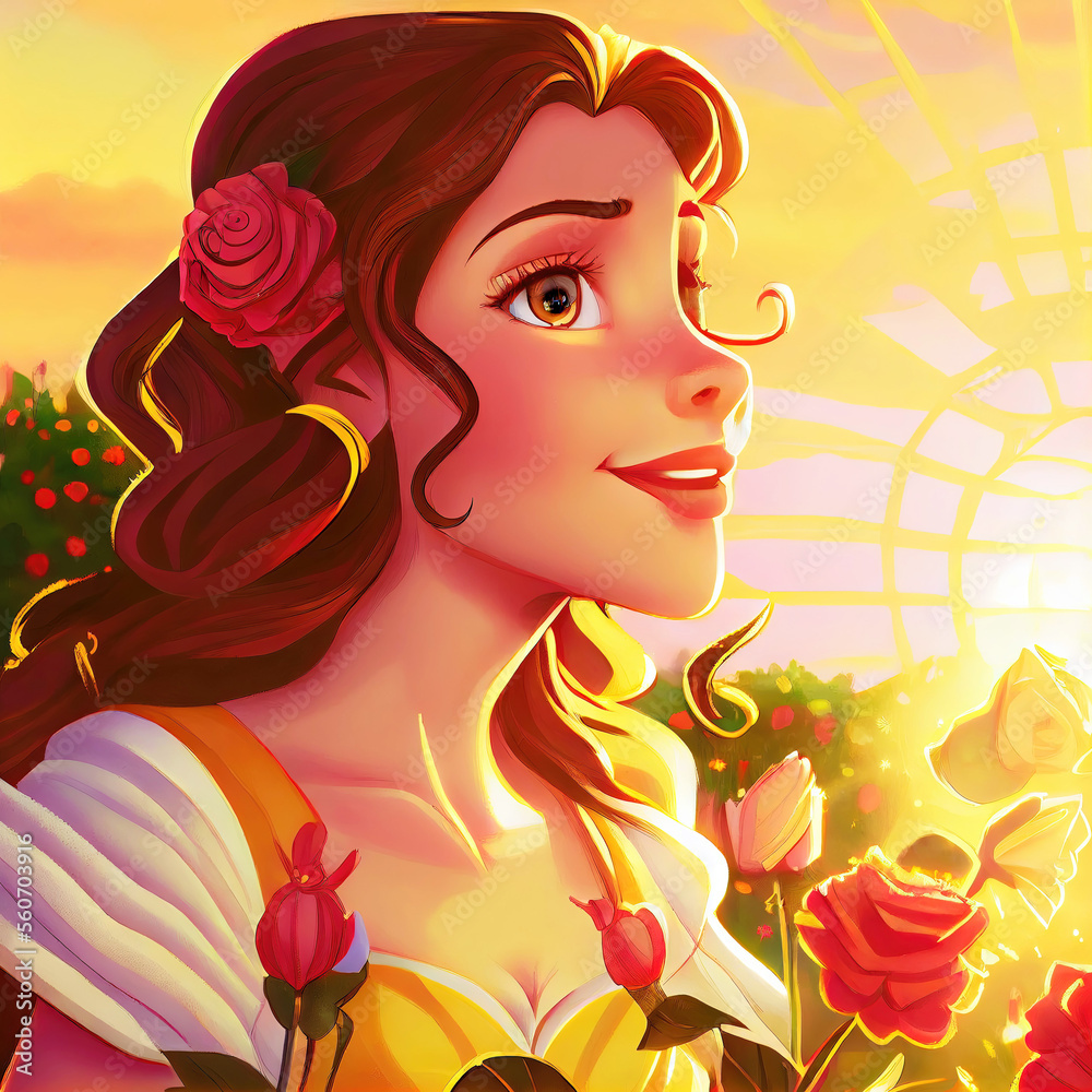 Cute fictional cartoon girl princess smiling with sunset in background ...