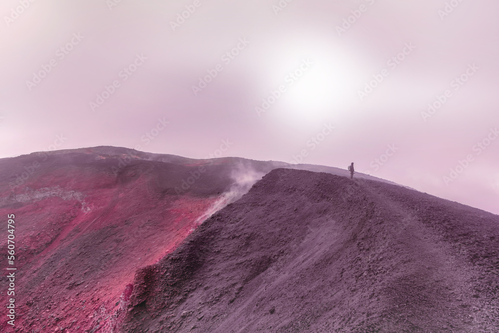 Infrared scenery of hiker in volcano crater similar to Mars. Stock ...