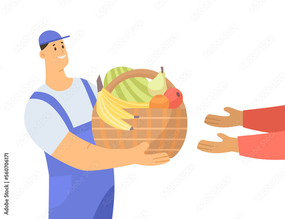 Volunteer giving fruit basket to person vector illustration. Cartoon ...