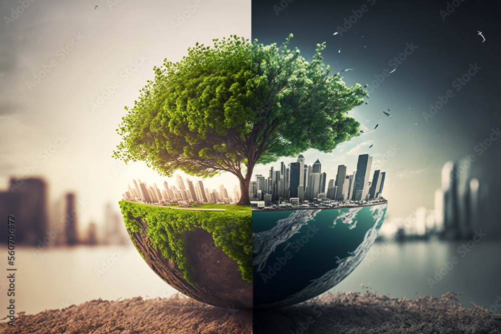 Generative Ai of planet earth with tall building and greenery. Tiny ...