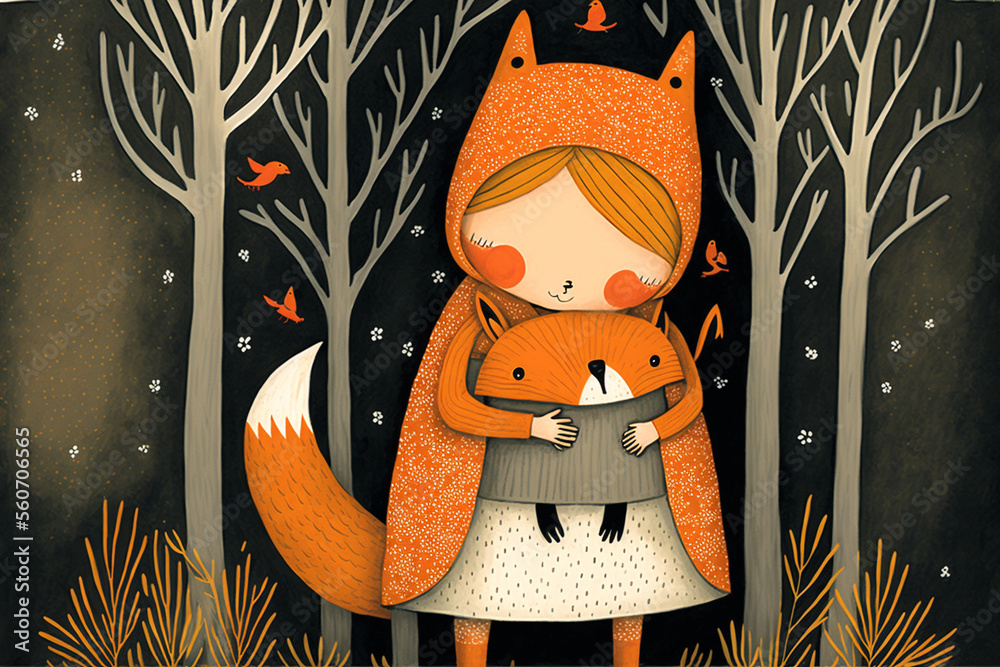 Drawing of a little girl hugging a fox in a forest. Generative Ai ...