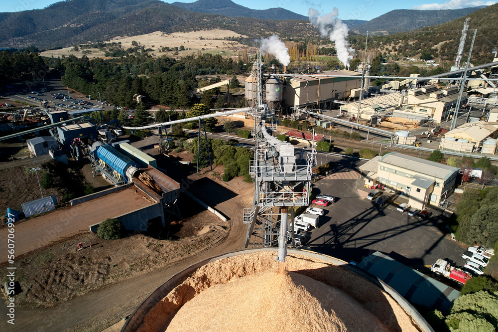 Paper mill woodchips to pulp for paper & newsprint industry, aerial ...