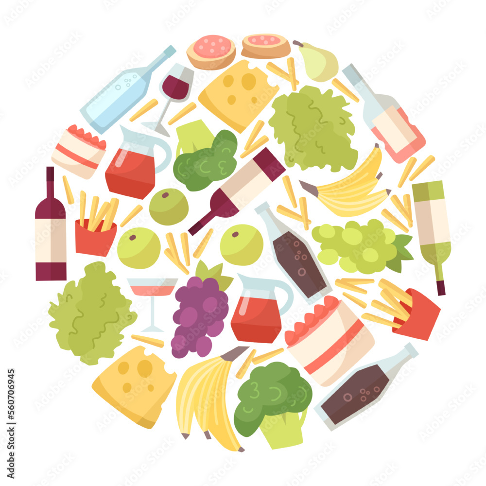Round pattern with healthy, unhealthy food vector illustration. Cartoon ...
