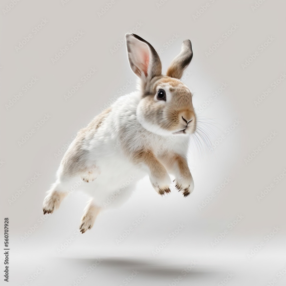 ภาพประกอบสต็อก white rabbit jump on white background, full body with ...