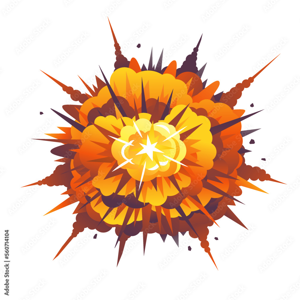 Big cartoon bomb explosion with shrapnel and fireball on top view ...