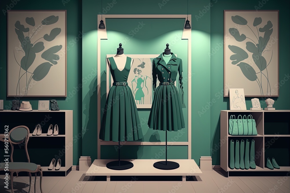 Dresses and shoes are shown in a window display and a showcase inside a ...