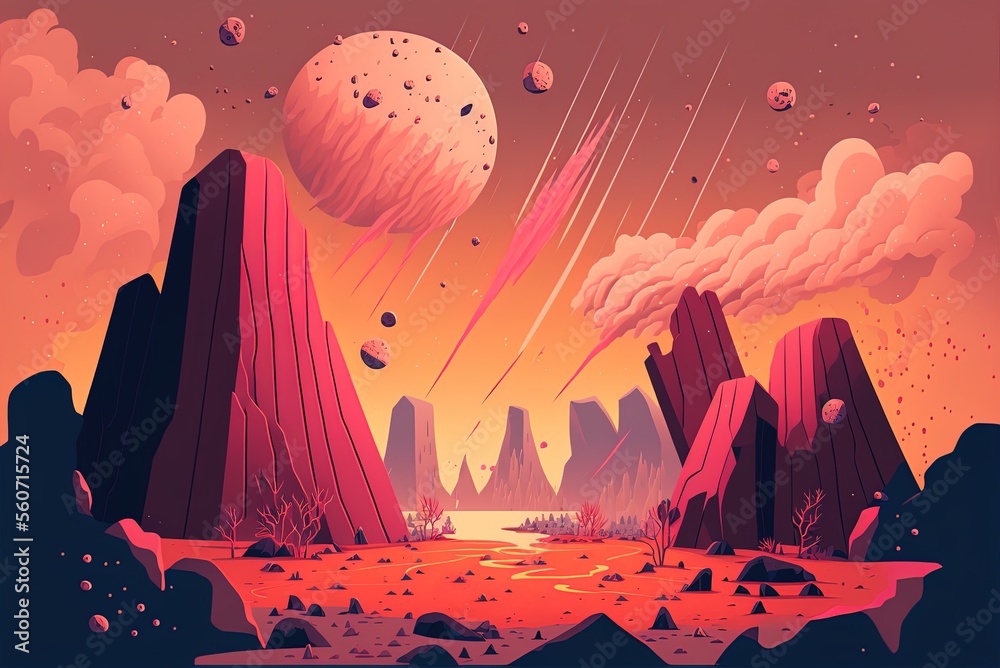 Earth as a volcano is erupting and boulders and lava are flying ...