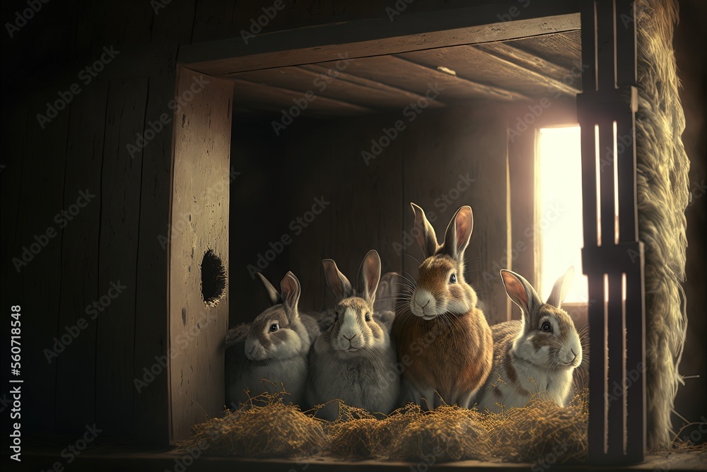 Colony of rabbits resting inside a farm's rabbit hutch. Generative AI ...