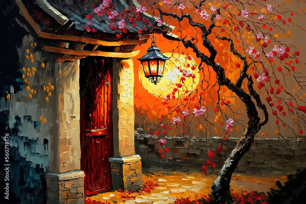 oil painting style illustration of lantern hanging on cherry blossom ...