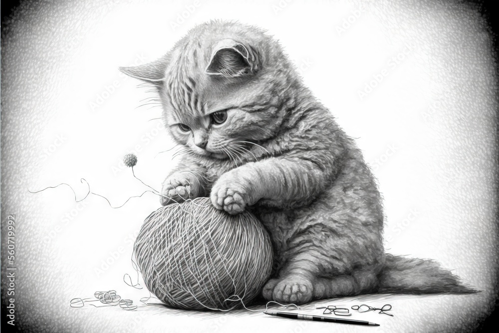 a pencil drawing of a cat playing with a ball of yarn and a ball of ...
