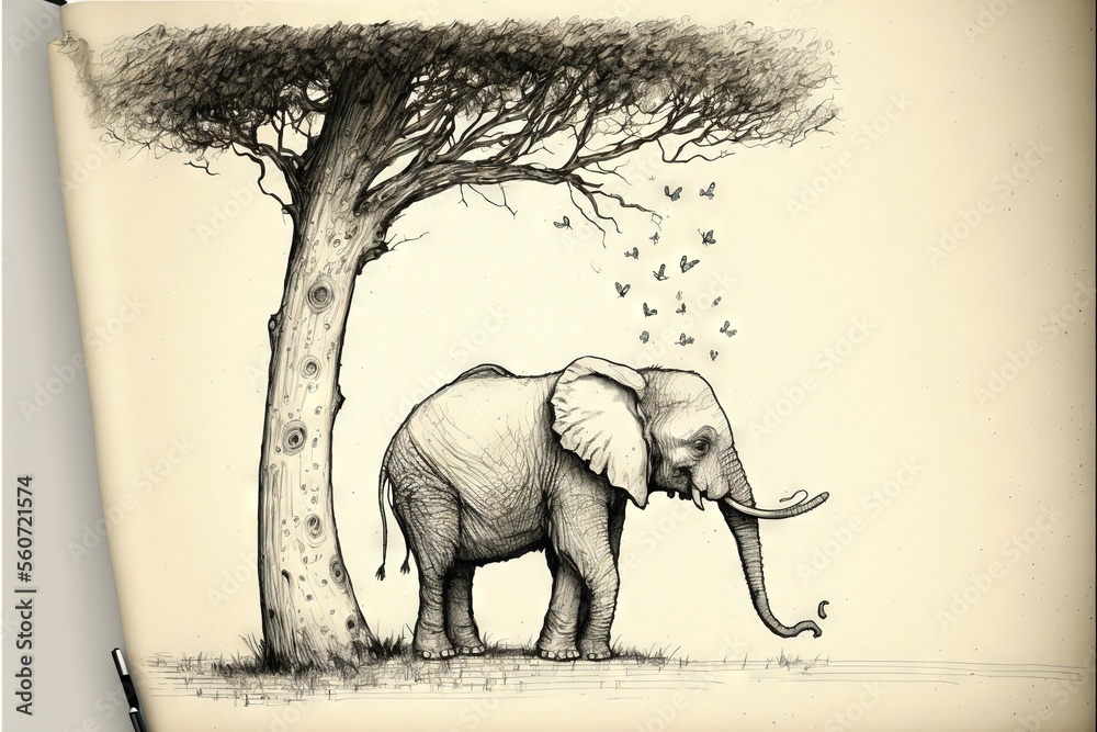 a drawing of an elephant standing next to a tree with birds flying ...