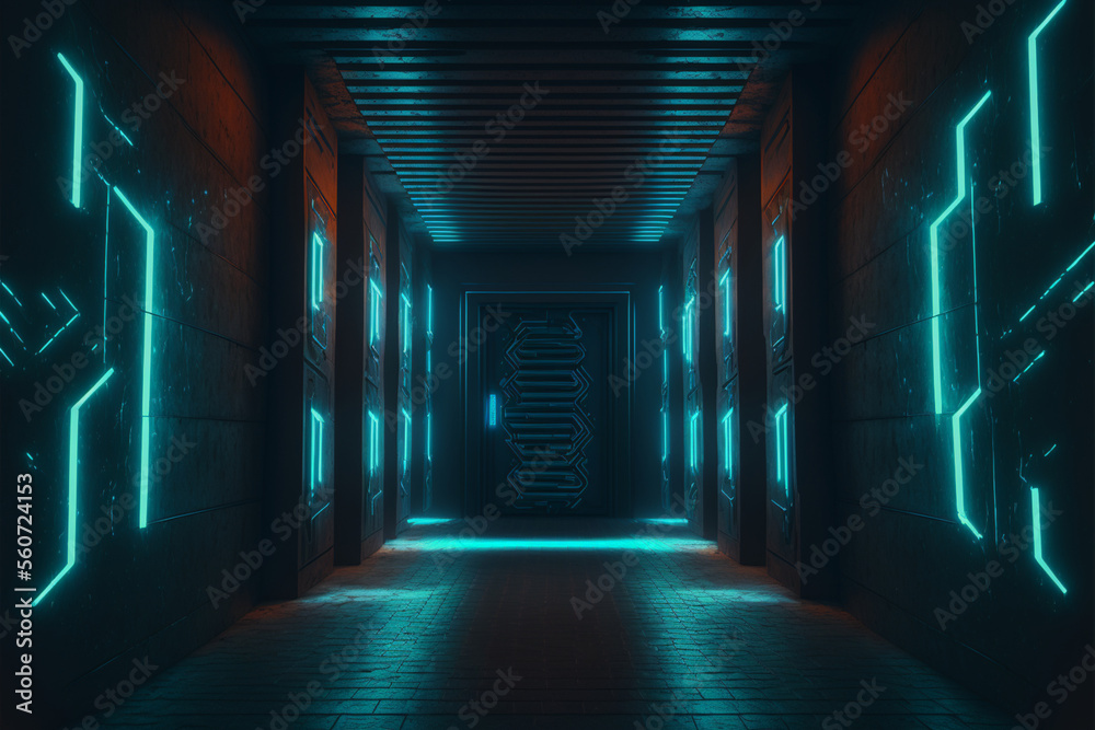 Sci Fi Alien Cyber Dark Hallway Room Corridor Neon Blue Light Stock ...