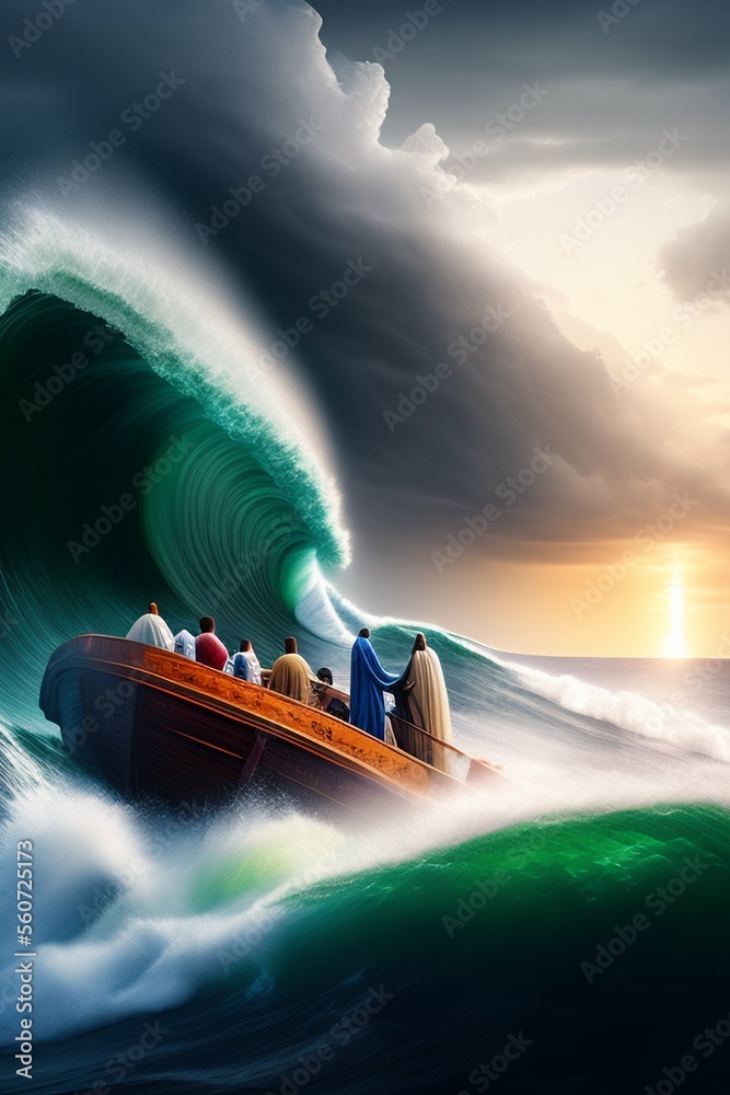 An illustration of Jesus and the 12 disciples in the stormy Galilee sea ...