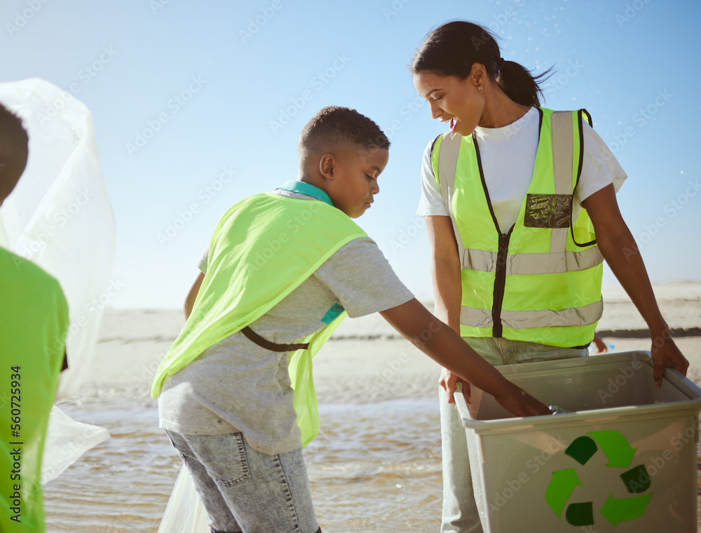 Recycling, ocean and woman with children or group at cleaning for ...