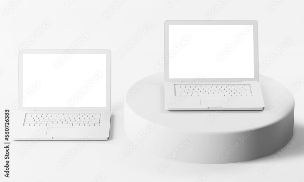 clay sleek minimalist style of two white laptop in front view with ...