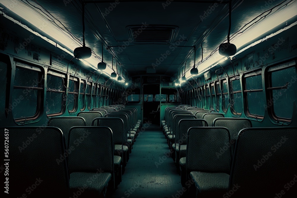 The inside of a bus at night, empty. Generative AI Stock Illustration ...