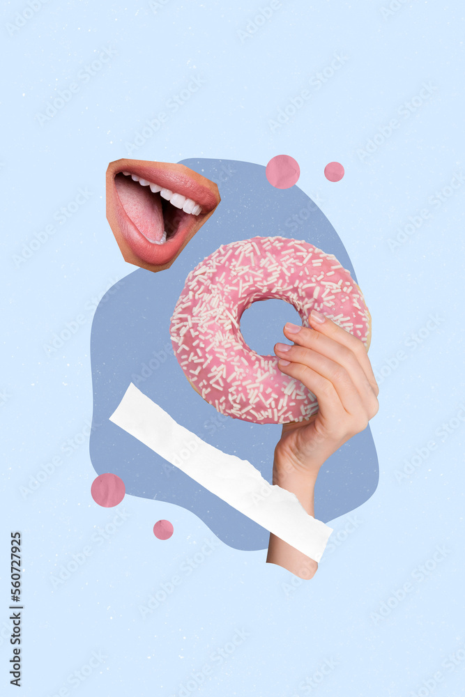 Vertical collage picture of toothy smile human mouth bite arm hold big ...