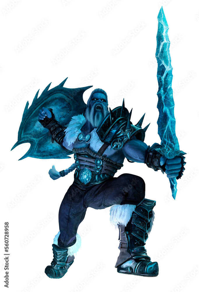 A dark, nordic warrior with a large ice sword and a shield in armor ...
