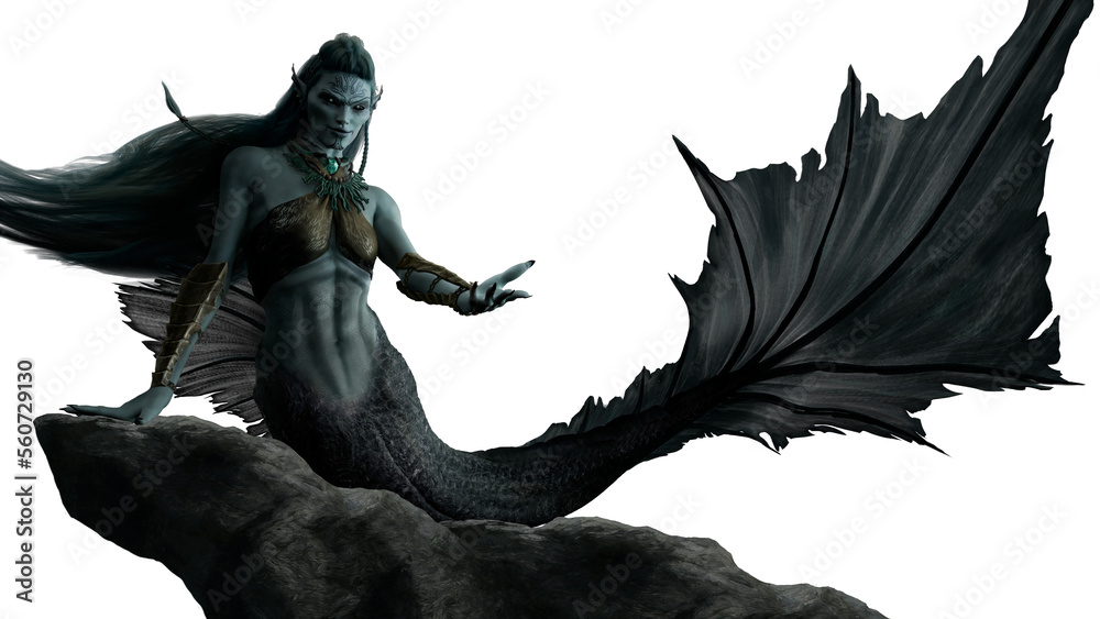 Sea fantasy creature in full growth, a dark mermaid with long hair and ...