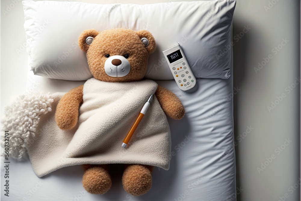 a teddy bear laying in a bed with a blanket and a remote control on it ...