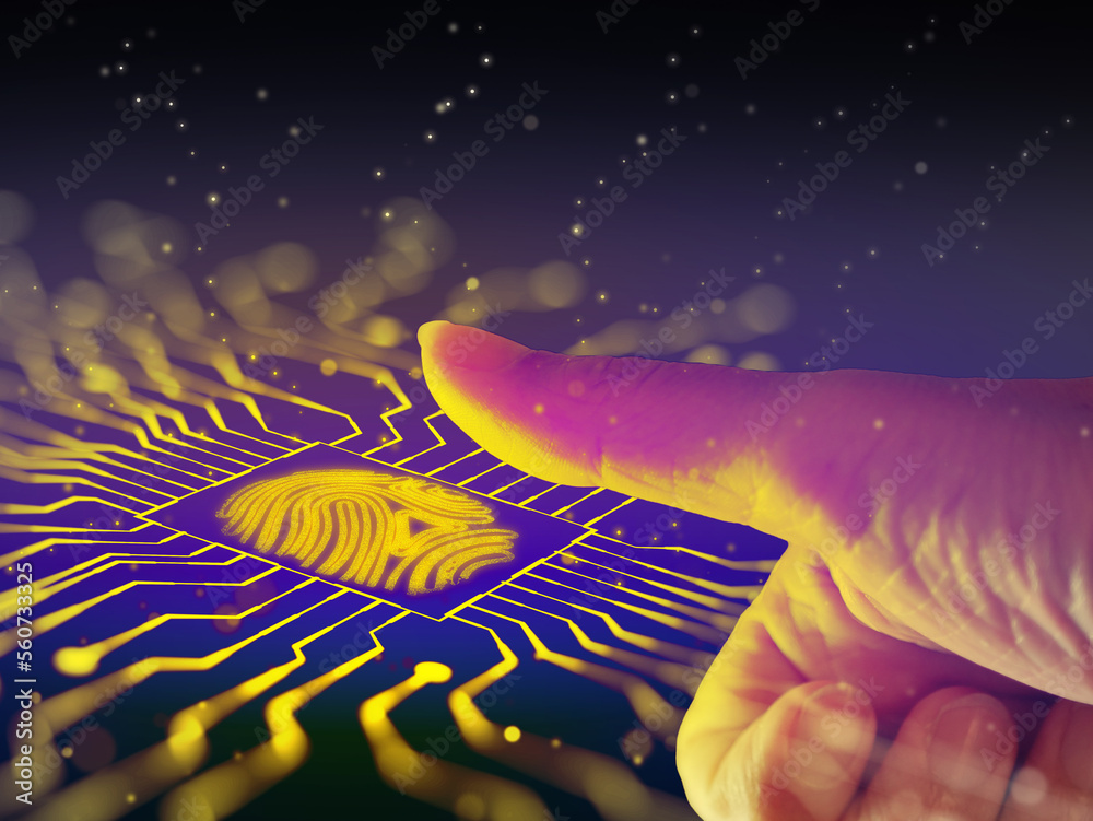 Foto de A finger is about to scan or activate a golden glowing 3D ...