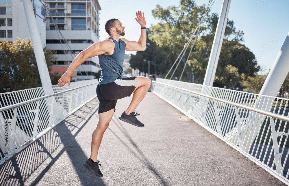 Foto de Fitness, running and exercise with a sports man on a bridge in ...