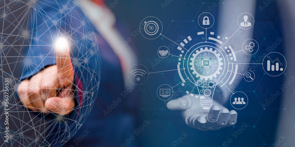 businesswoman and artificial intelligence connection smart technology ...