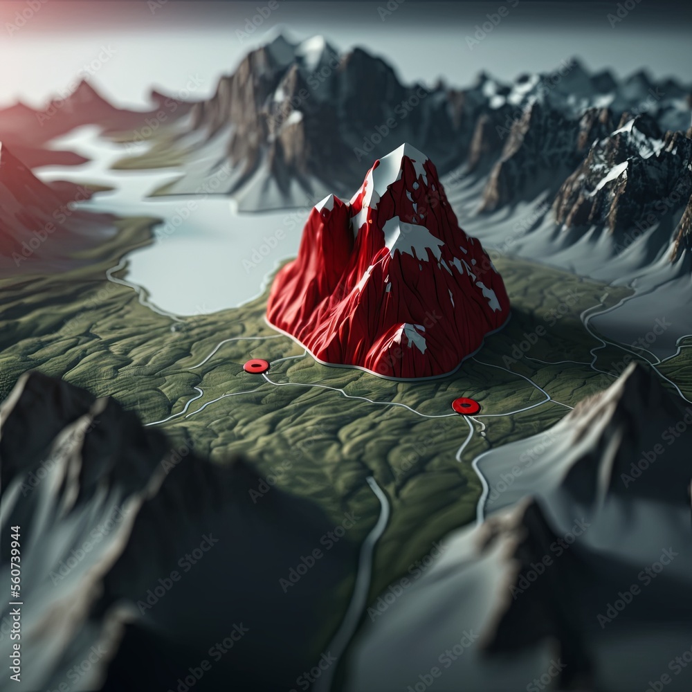 The world map with trekking and hiking route. Big mountain showed with ...