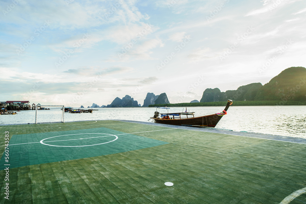 Floating football field in fisherman village on Panyee island. Travel ...