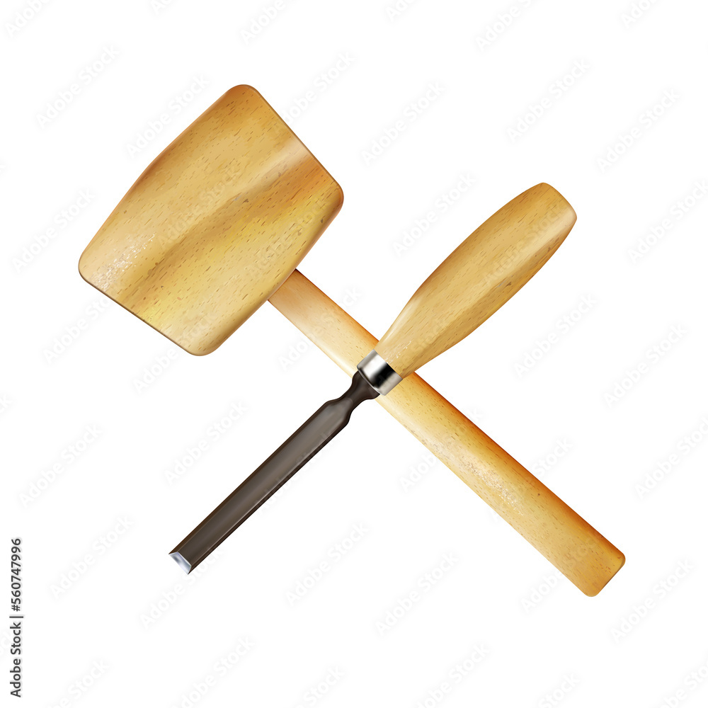 Crosshairs of wooden realistic carpenter chisel and mallet. Work tool ...