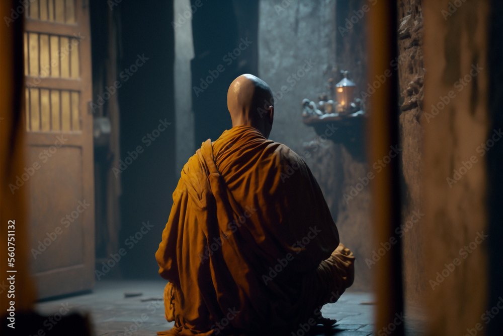 Buddhist monk in meditation, seen from behind, in a Himalayan monastery ...