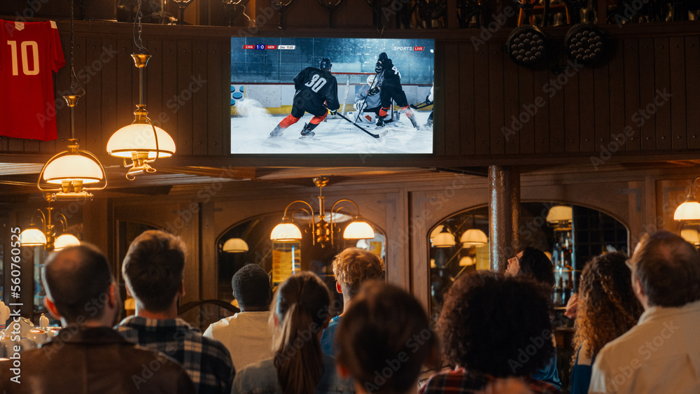 Group of Friends Watching a Live Ice Hockey Match on TV in a Sports Bar ...