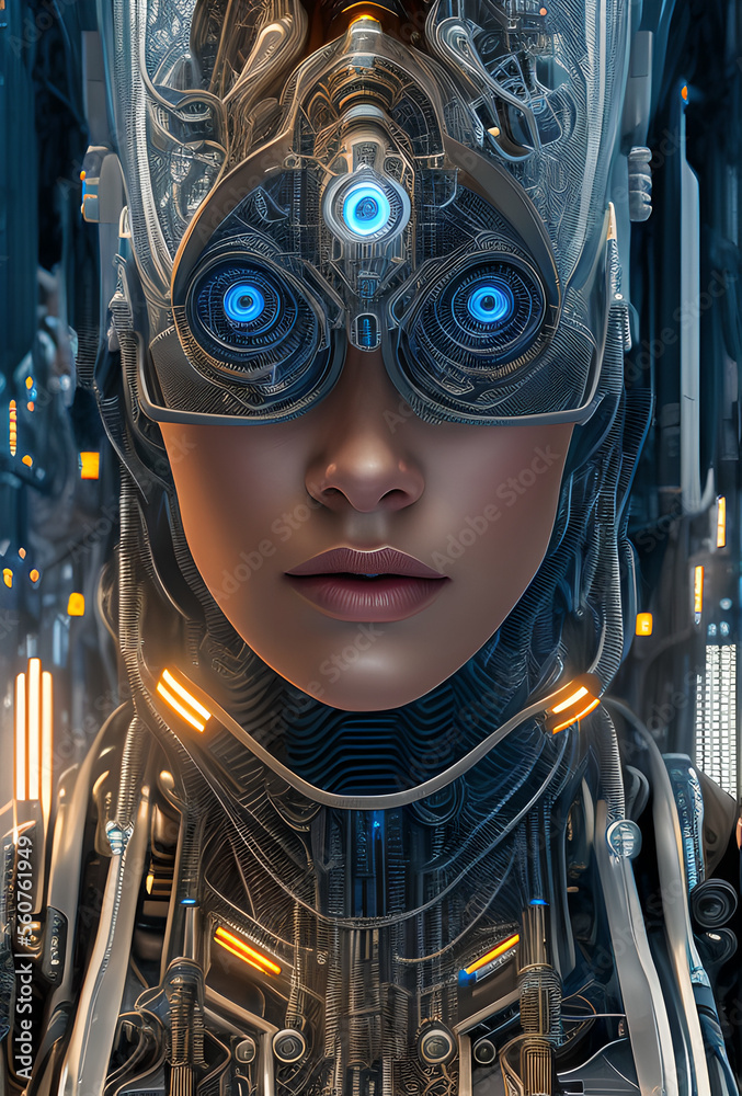 portait of a female cyborg woman with steel plates, cables, pipes ...
