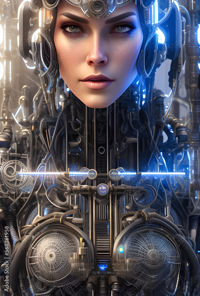 portait of a female cyborg woman with steel plates, cables, pipes ...