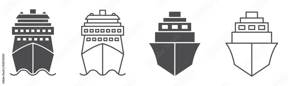 Set of ship icons. Ferry boat symbol, boat, ship front view. Cargo ship ...