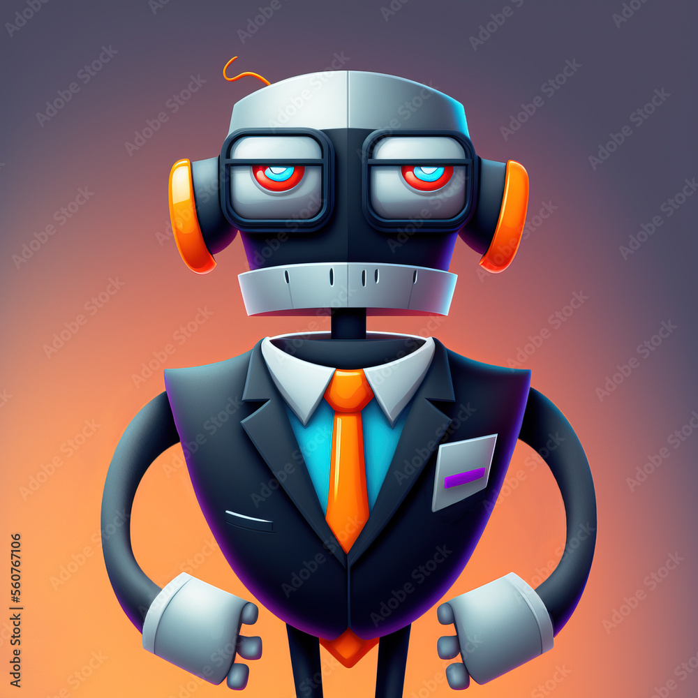 Evil robot in business suit front view avatar portrait over minimal ...