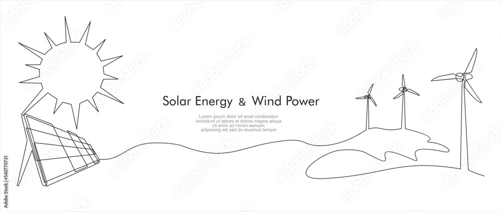 One continuous line drawing of Wind turbines and Solar Panels ...