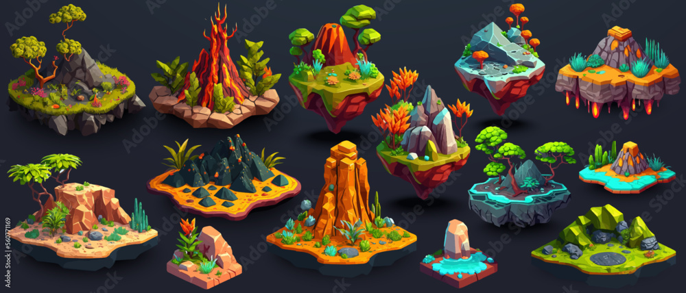 Flying land platforms, fantasy islands isolated on black background ...