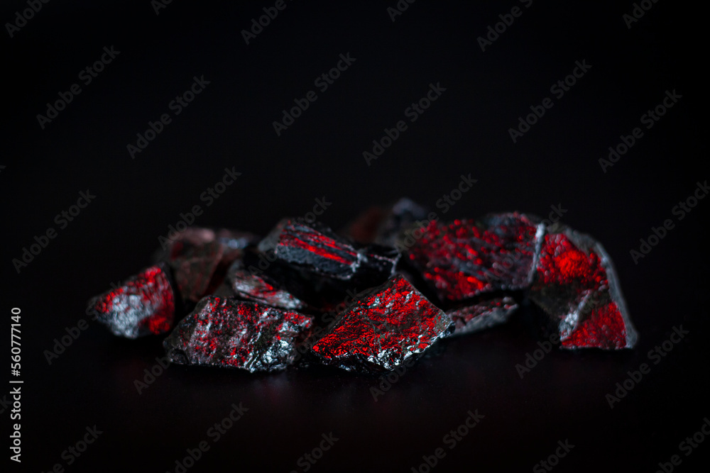 Pile of natural black coal. Red heat stone. heat energy. Coal mine ...