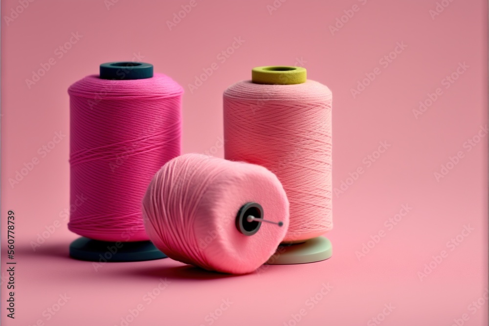 a pink yarn ball and two spools of thread on a pink background with a ...
